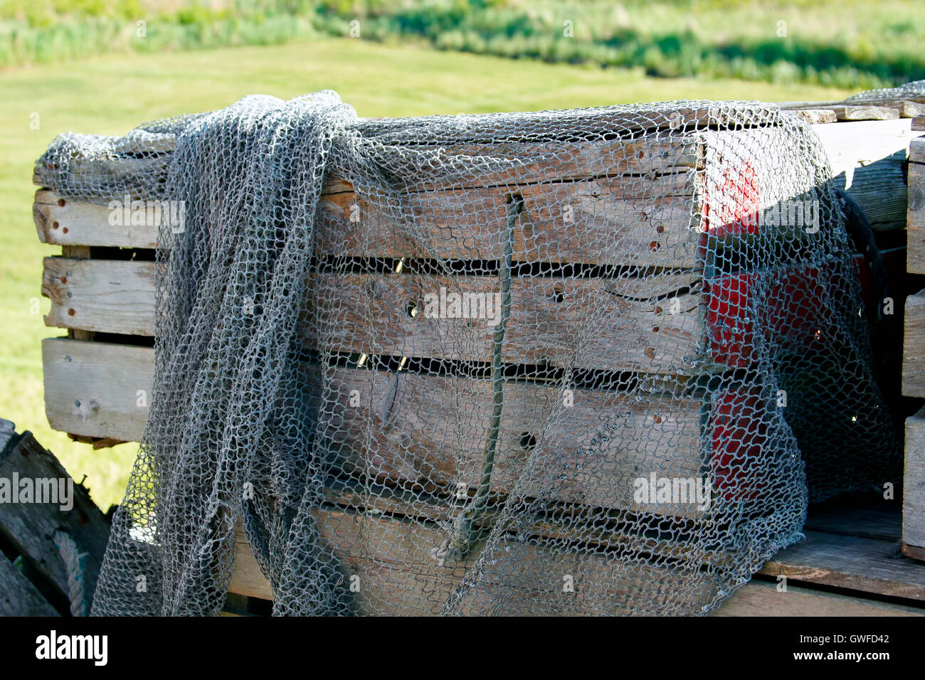 Lobster trap covered with the fishing net Stock Photo - Alamy