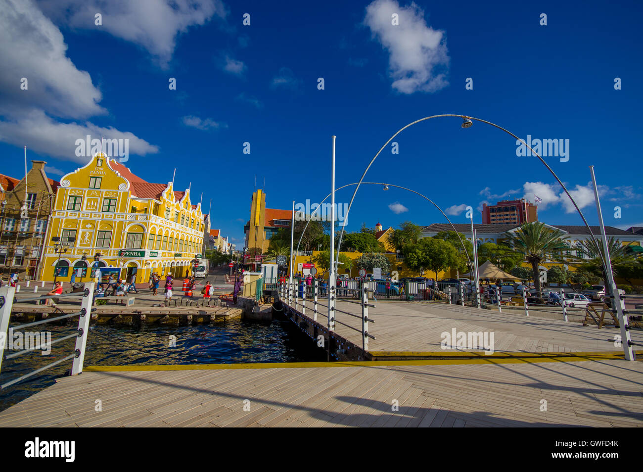 WILLEMSTAD, CURACAO - NOVEMBER 1, 2015: Queen Emma Bridge is a pontoon ...
