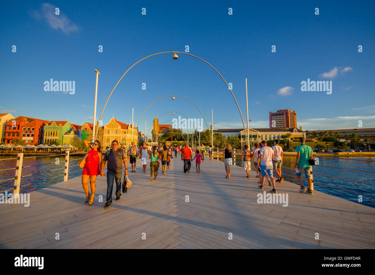 WILLEMSTAD, CURACAO - NOVEMBER 1, 2015: Queen Emma Bridge is a pontoon ...