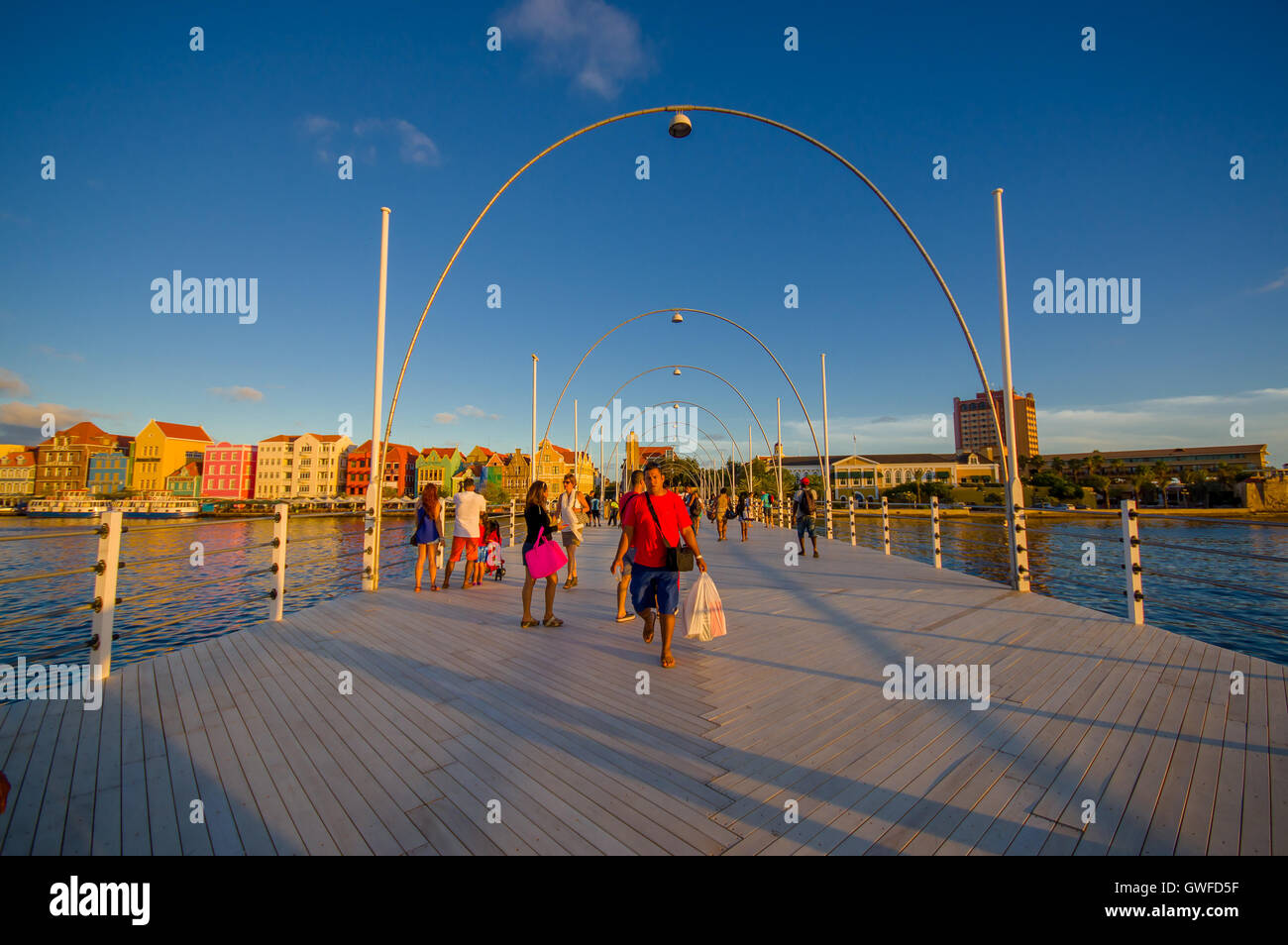 WILLEMSTAD, CURACAO - NOVEMBER 1, 2015: Queen Emma Bridge is a pontoon ...