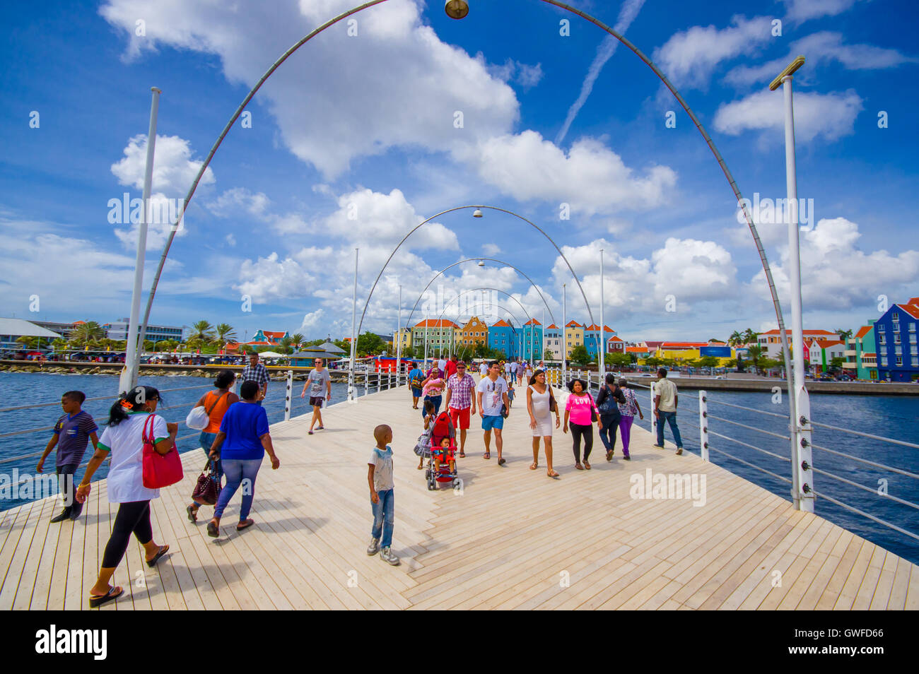 WILLEMSTAD, CURACAO - NOVEMBER 1, 2015: Queen Emma Bridge is a pontoon ...