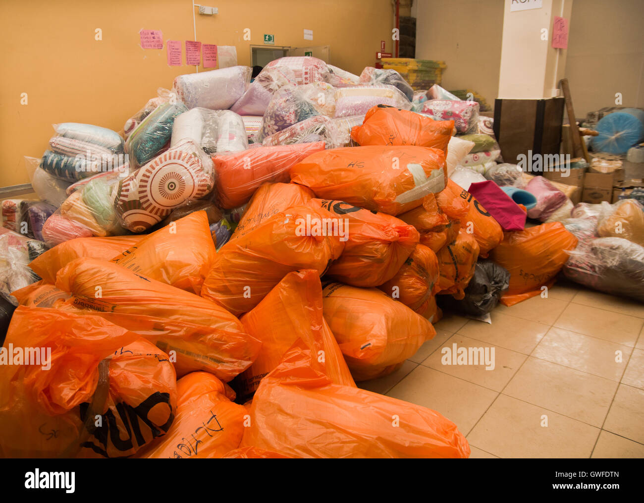 Quito, Ecuador - April 23, 2016: Disaster relief food, clothes ...