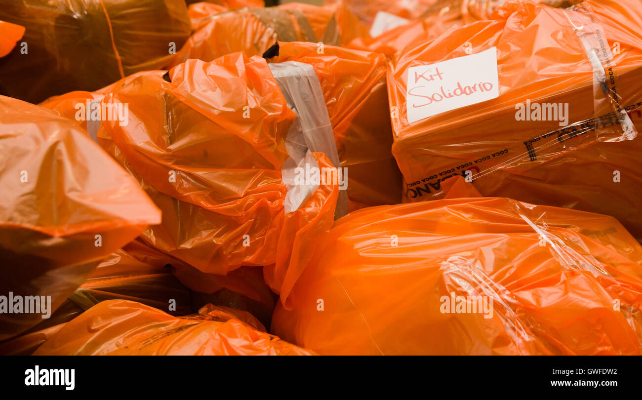 Quito, Ecuador - April 23, 2016: Disaster relief food, clothes ...