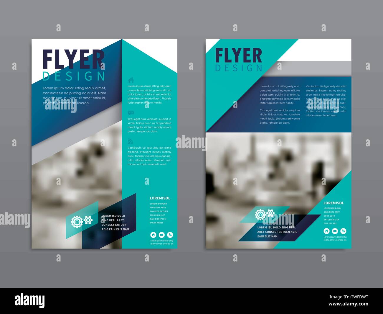 Modern flyer design, blurred office scene with blue geometric elements ...
