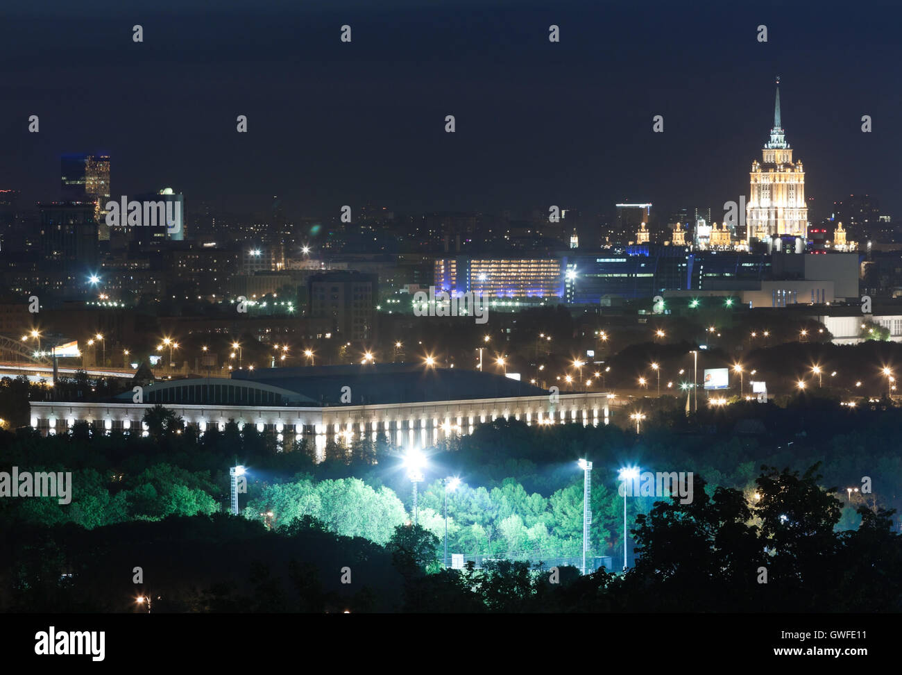 Russian architecture by night or evening time: Moscow cityline panorama ...