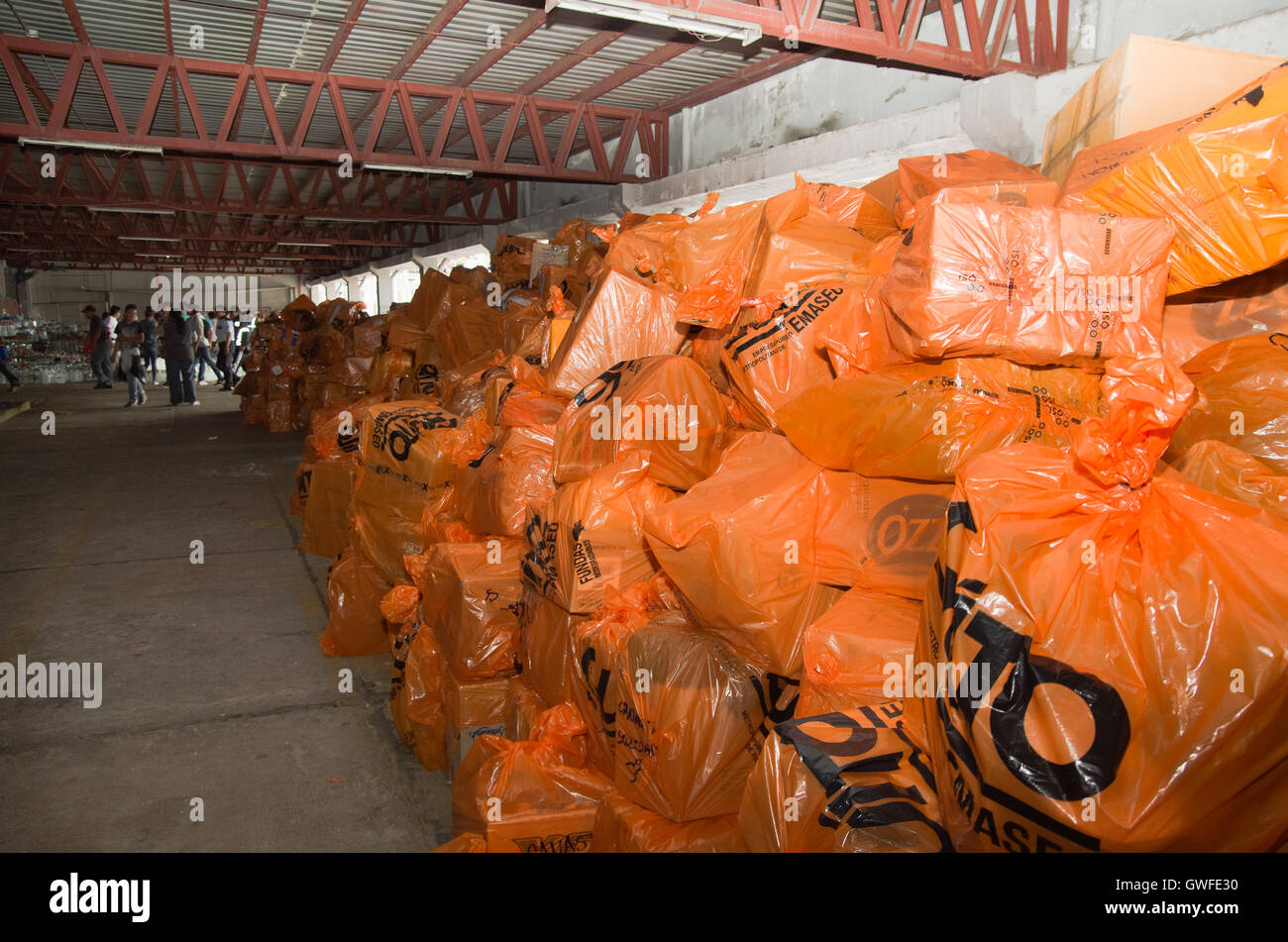 Quito, Ecuador - April,23, 2016: Bags of supplies for disaster relief ...