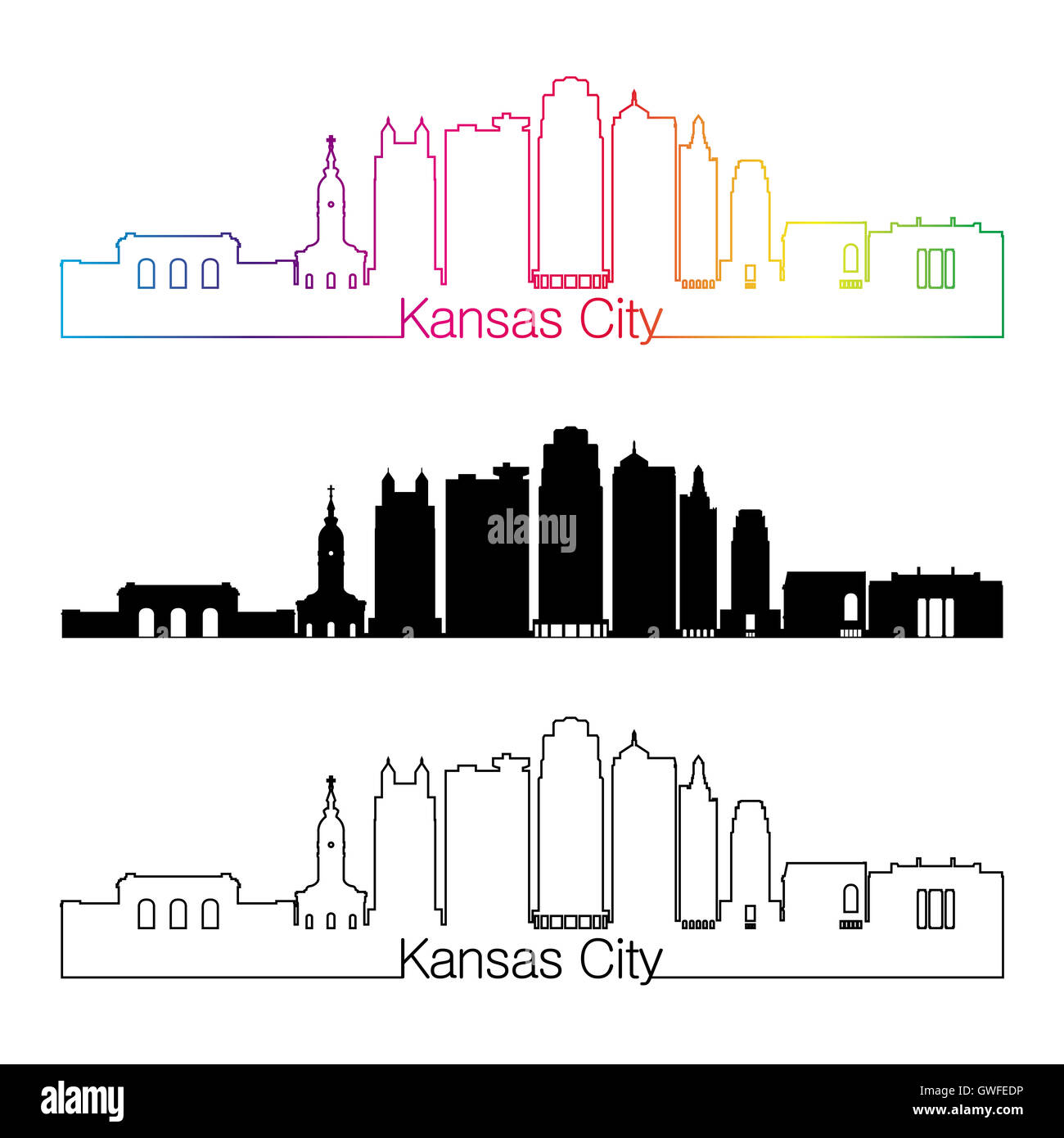 Kansas City skyline linear style with rainbow in editable vector file ...