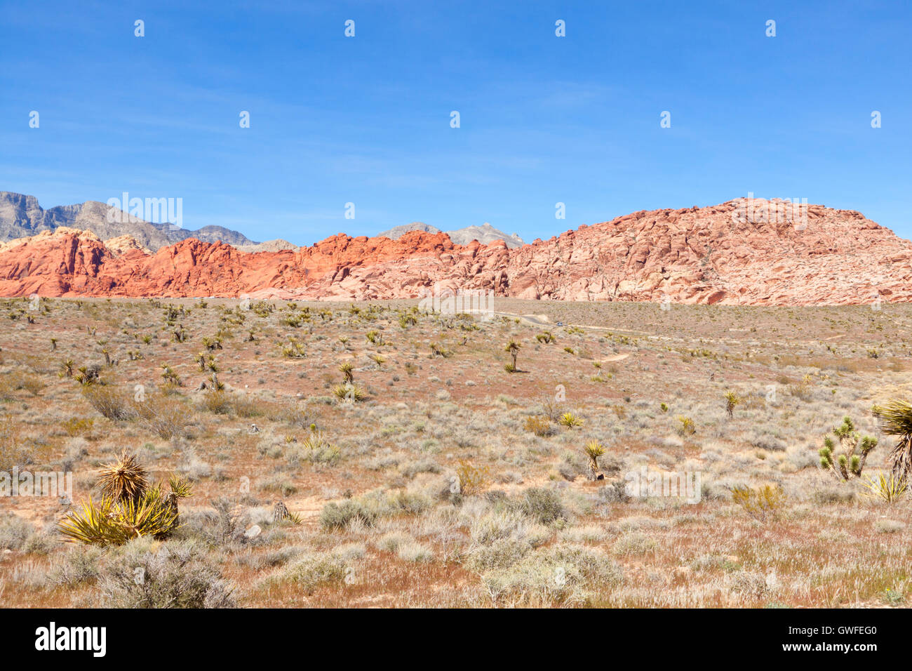 View of dry landscape and red rock formations of the Mojave Desert ...