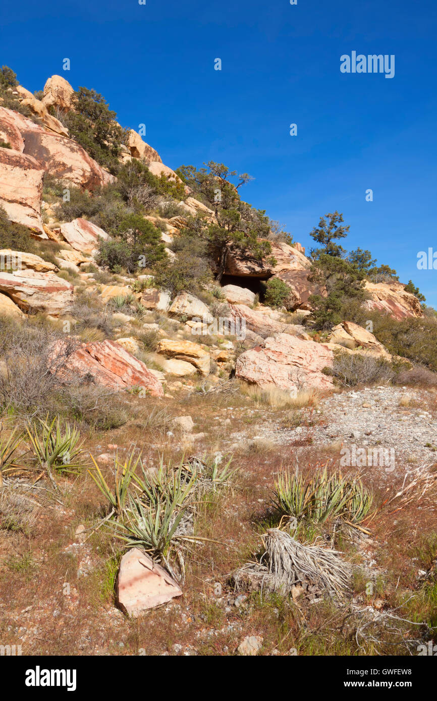 View of dry landscape and red rock formations of the Mojave Desert ...