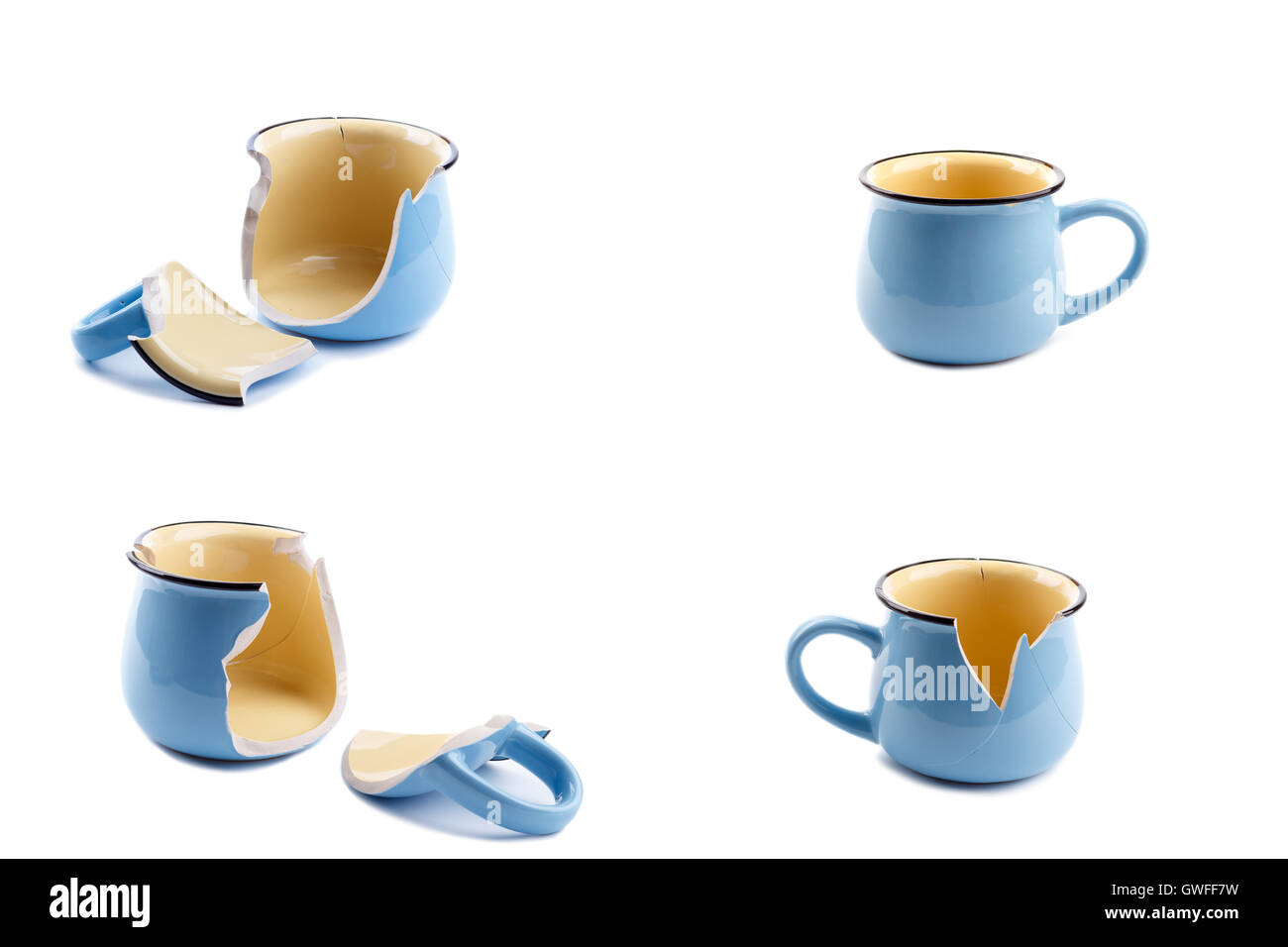 Broken and whole coffee cup ,different angles isolated on white ...