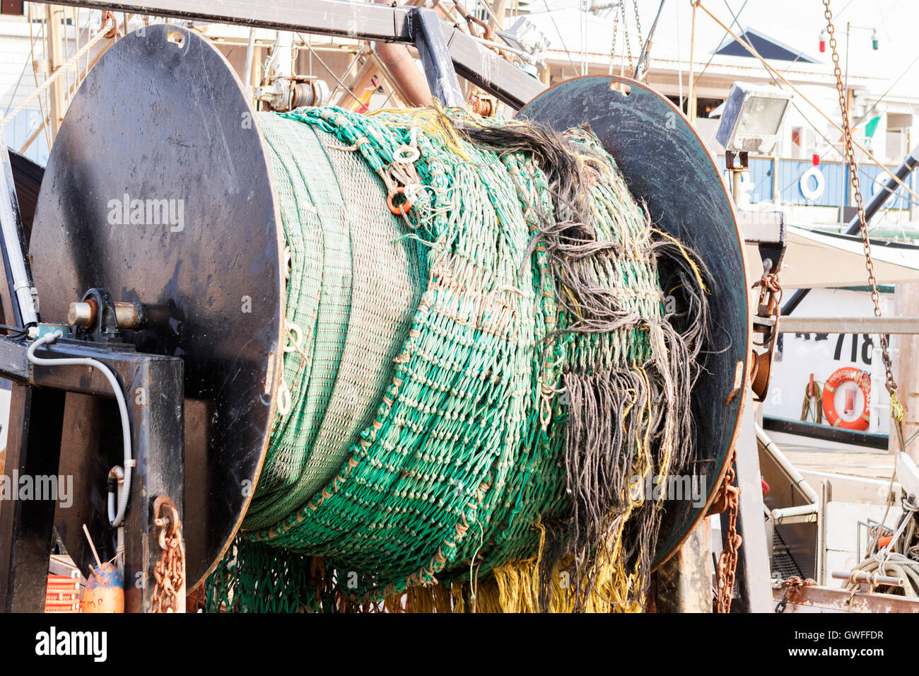 Detail of commercial fishing boat equipment at the dock Stock Photo - Alamy