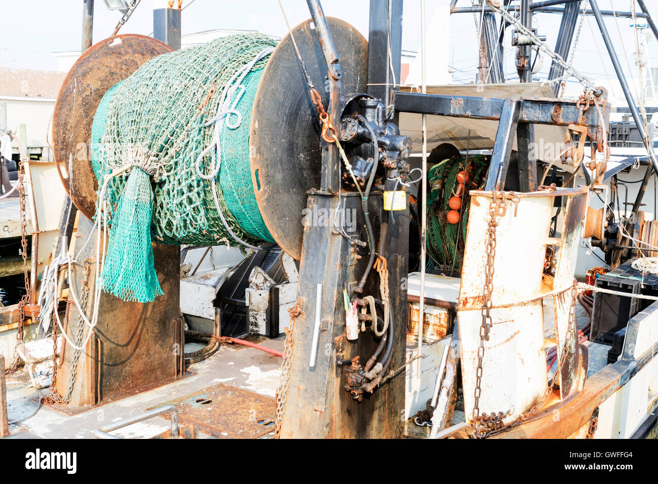 Detail of commercial fishing boat equipment at the dock Stock Photo - Alamy