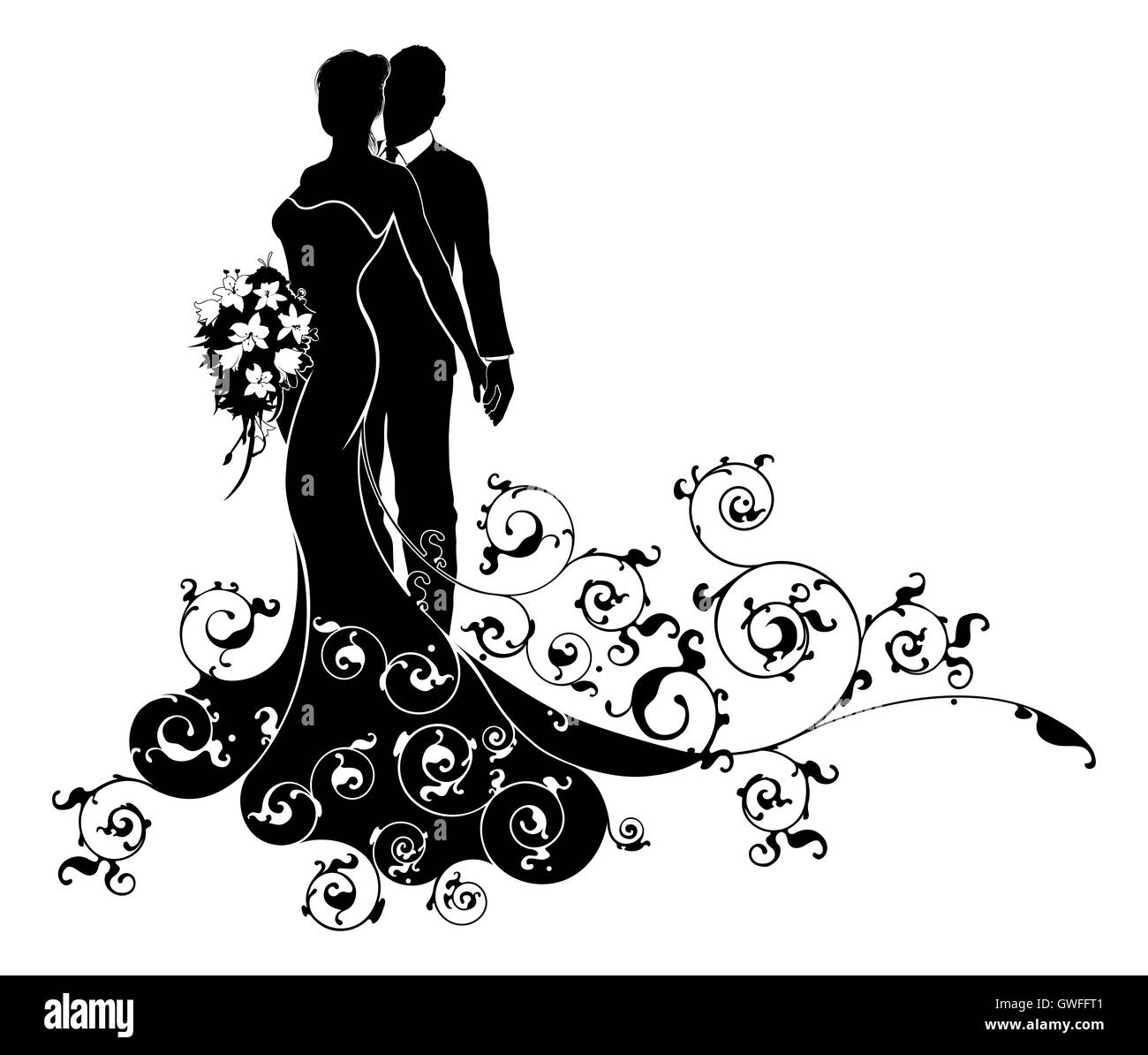 A bride and groom wedding couple in silhouette with the bride in a ...