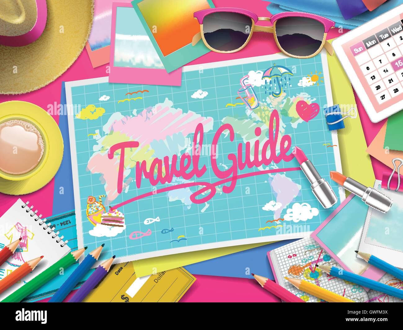 Travel Guide on map, top view of colorful travel essentials on table ...
