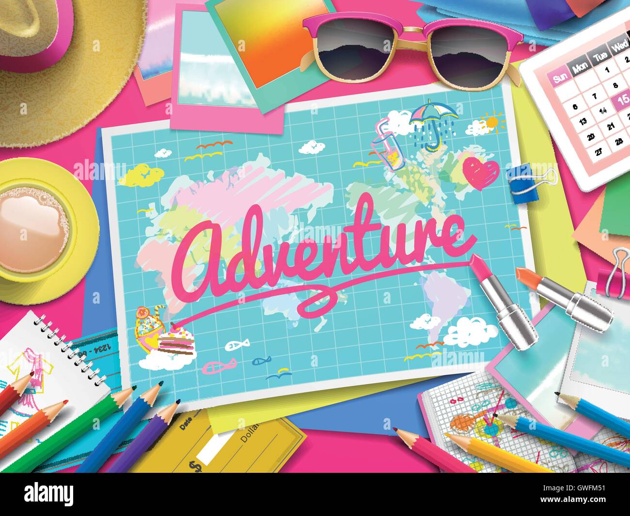 Adventure on map, top view of colorful travel essentials on table Stock ...