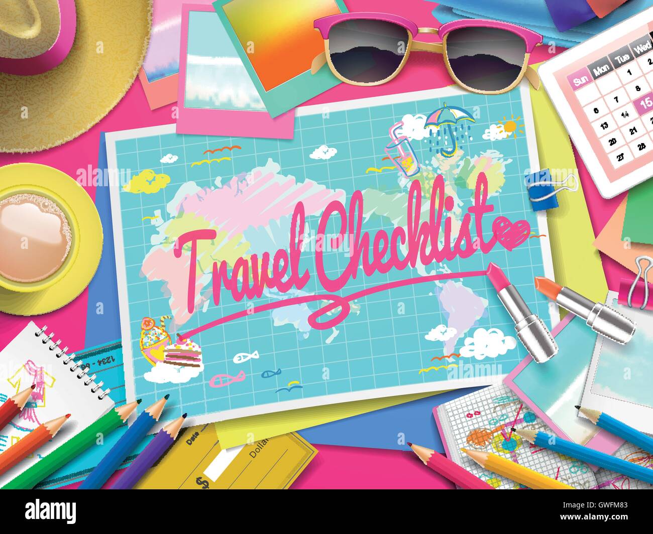 Travel Checklist on map, top view of colorful travel essentials on ...