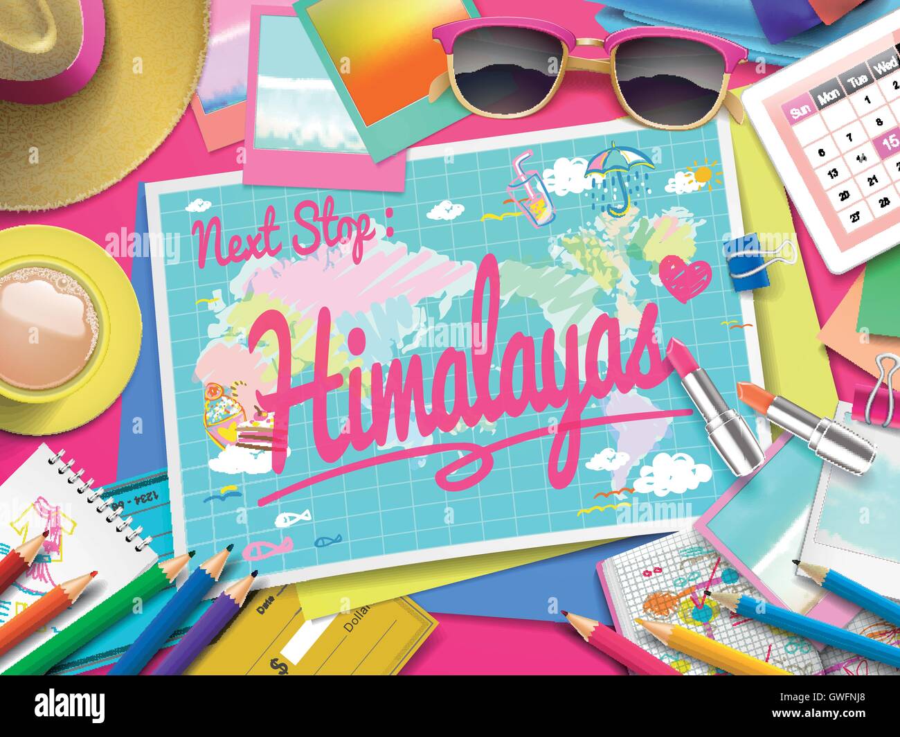 Himalayas on map, top view of colorful travel essentials on table Stock ...