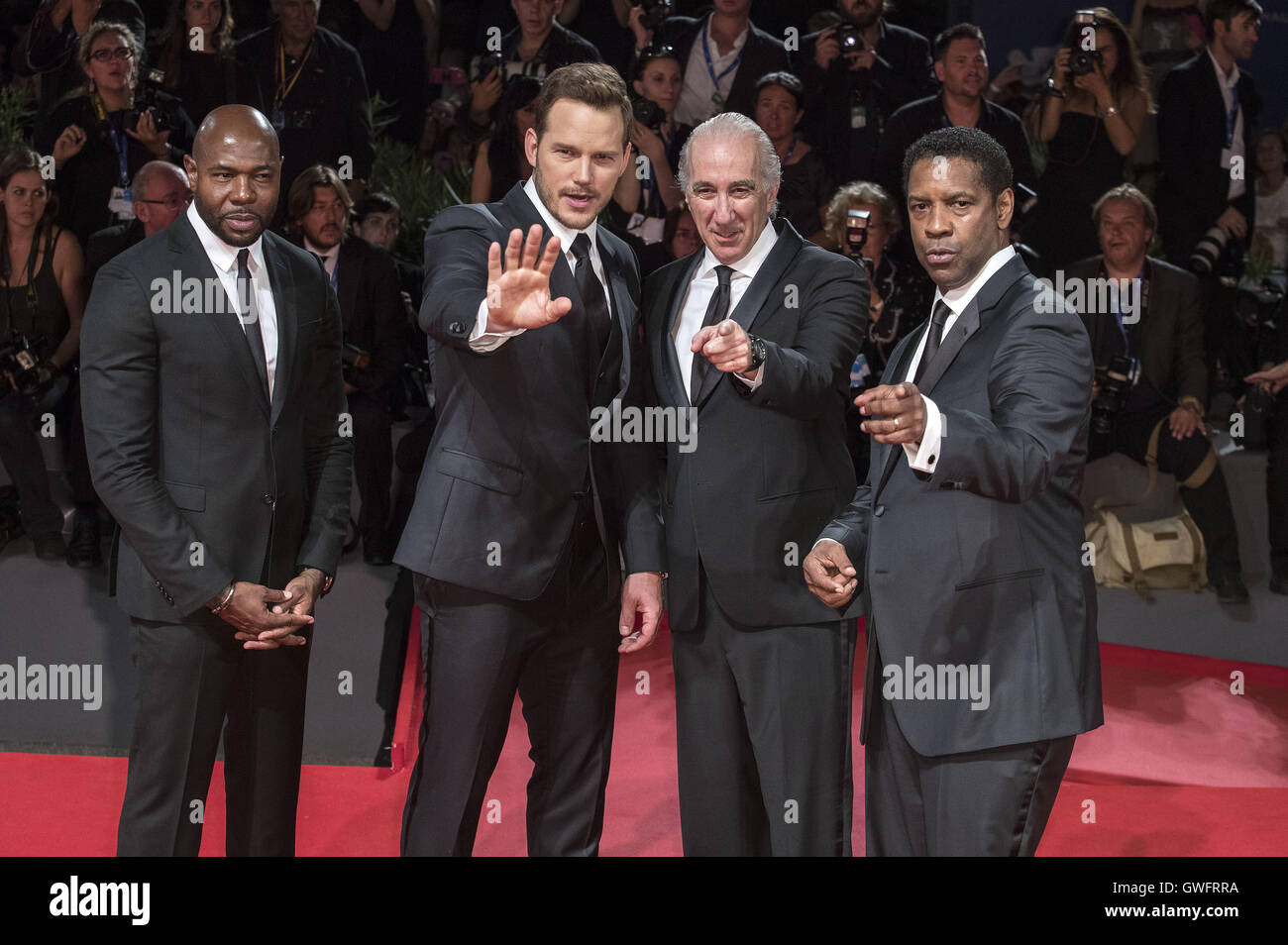 Venice, Italy. 10th Sep, 2016. Antoine Fuqua, Chris Pratt, guest and ...