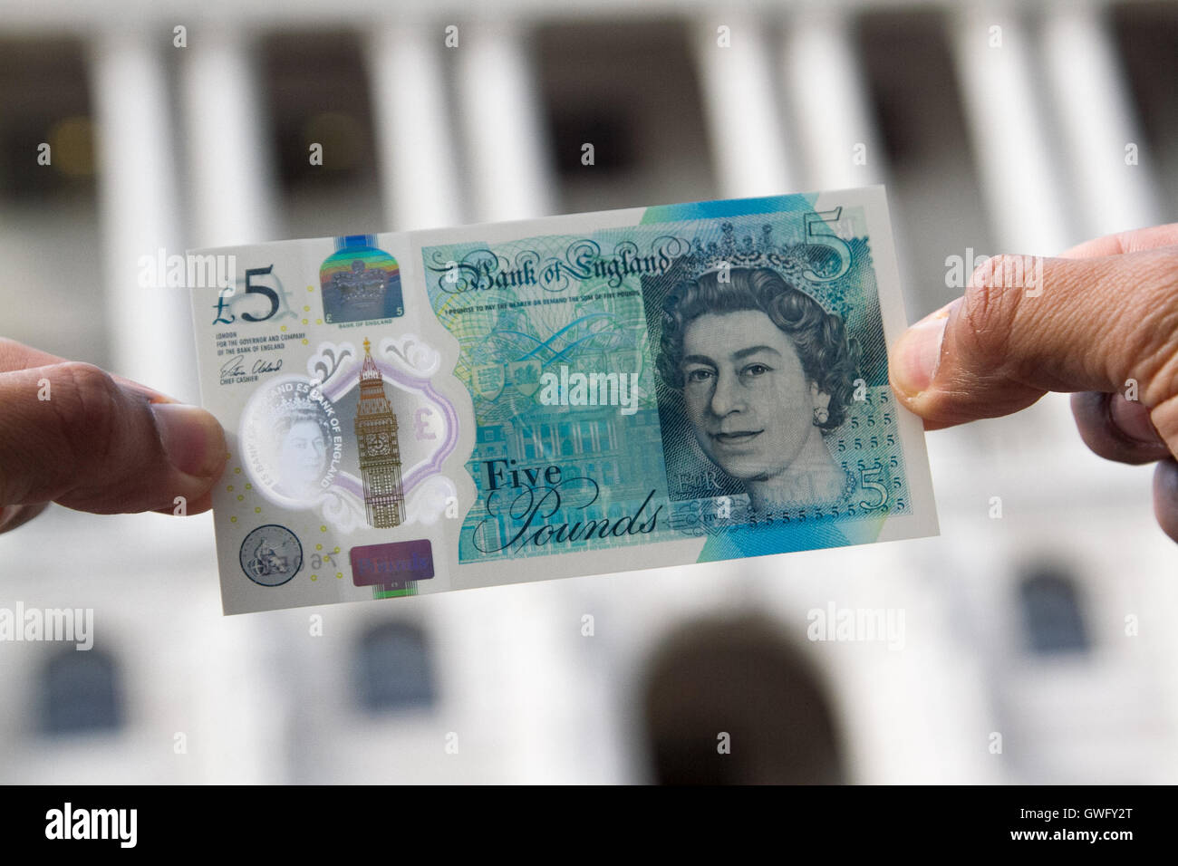 London UK. 13th September 2016. The new polymer five pound note with ...