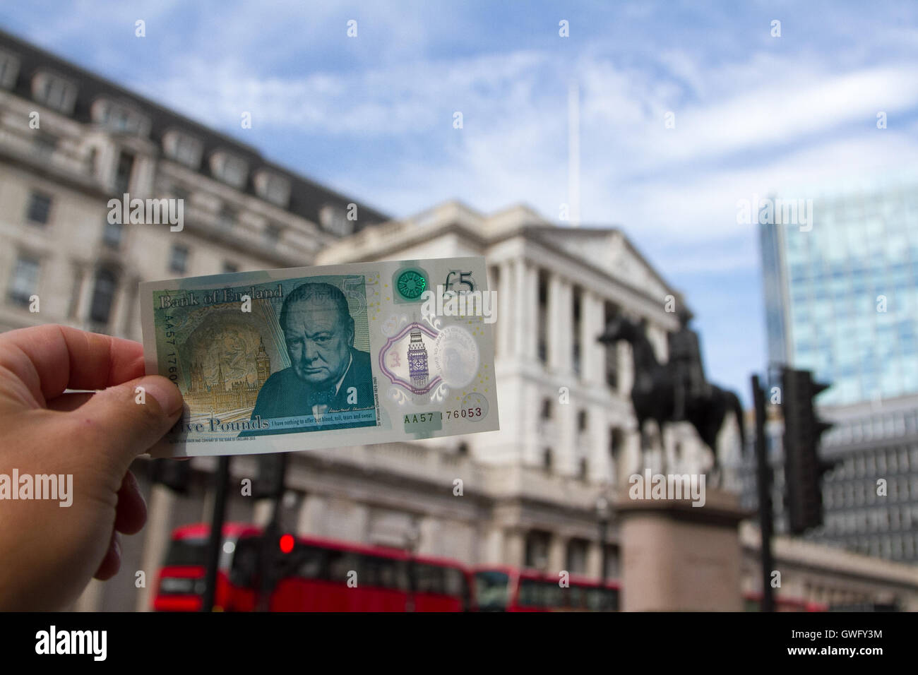 London UK. 13th September 2016. The new polymer five pound note with ...