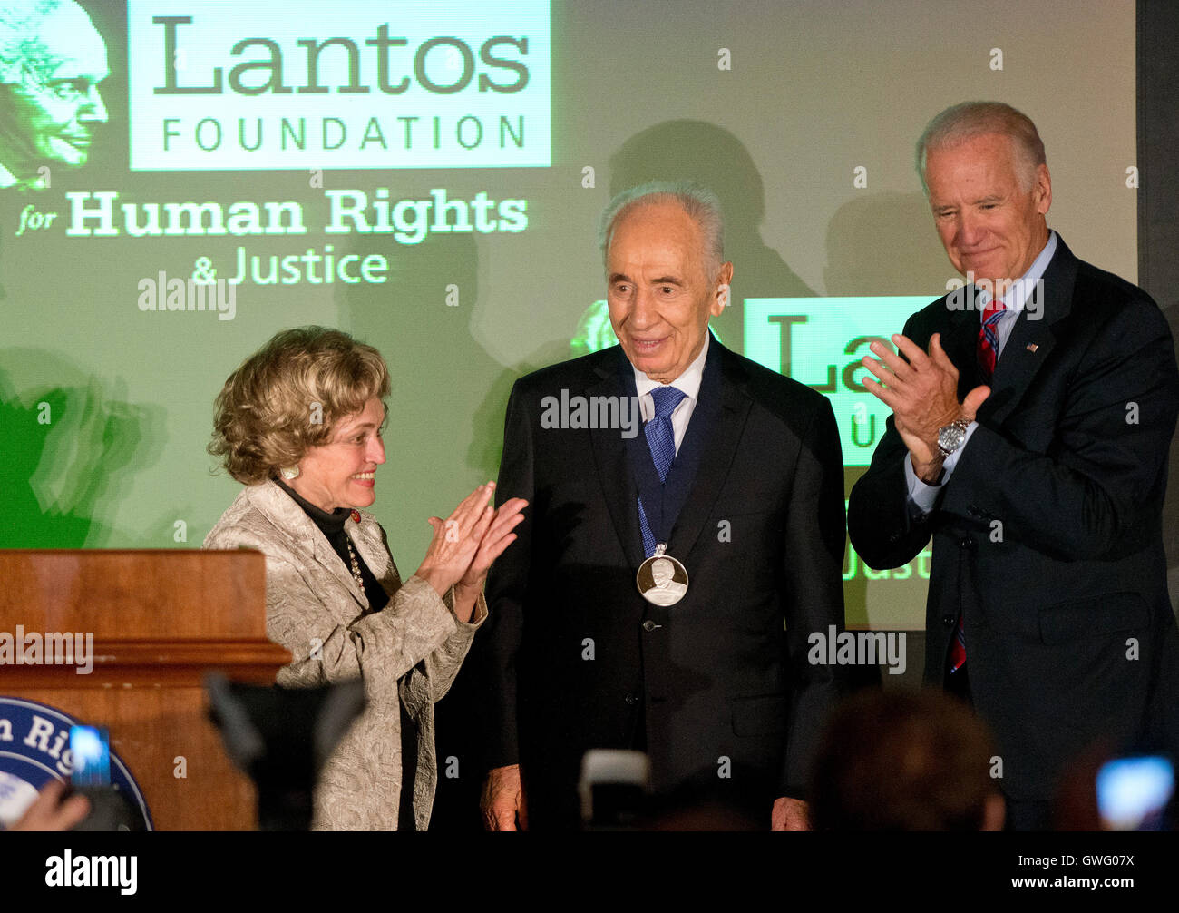 President Shimon Peres of Israel accepts the Lantos Human Rights Prize ...