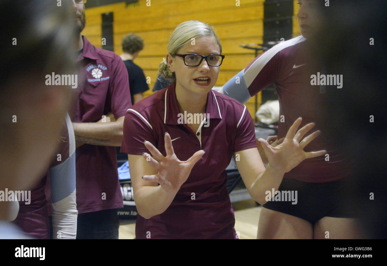 Usa. 13th Sep, 2016. SPORTS -- Sandia Prep coach Audra Gentry talks to ...
