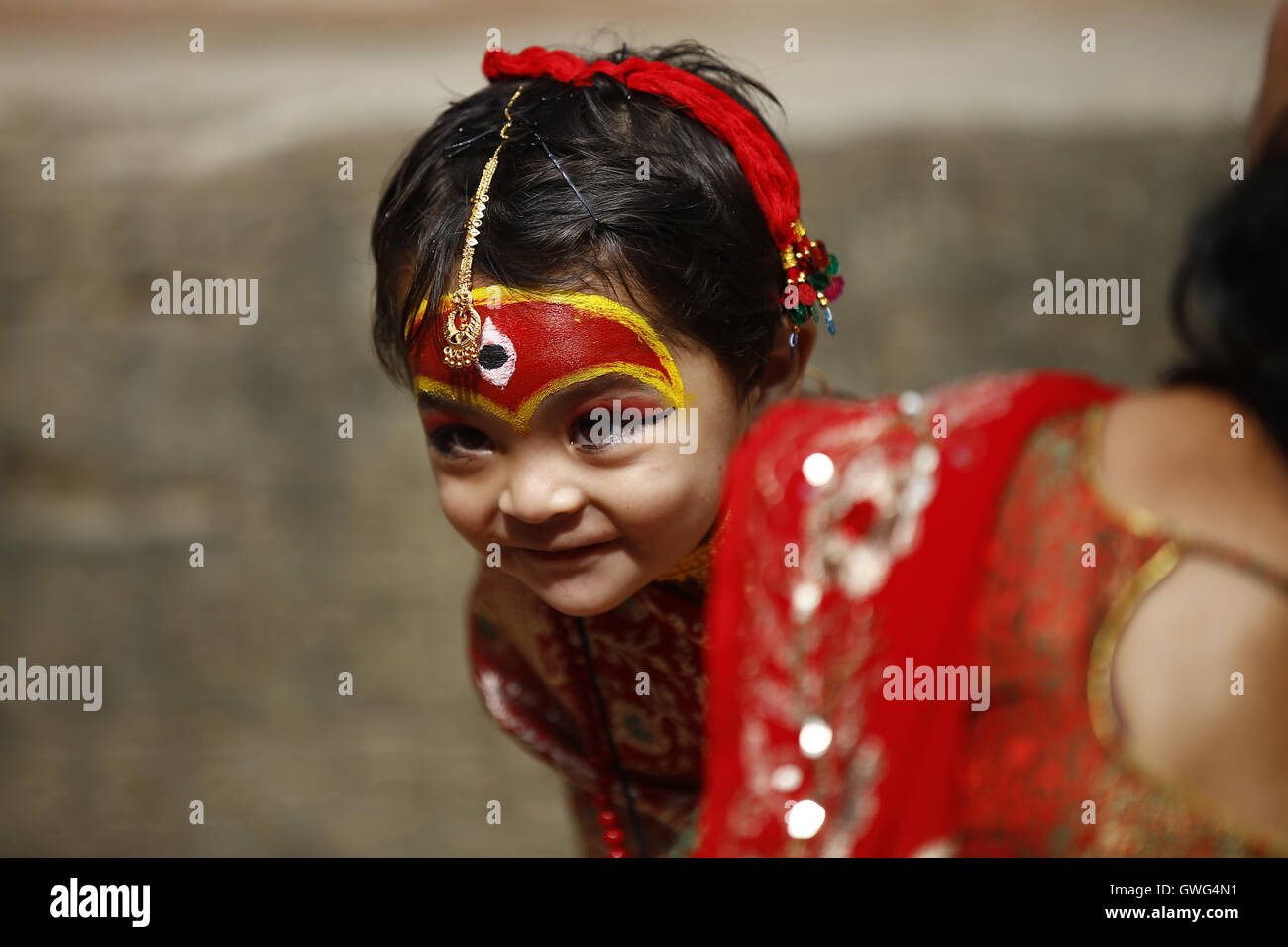 Kathmandu, Nepal. 14th Sep, 2016. A Nepalese girl dressed as a Kumari ...