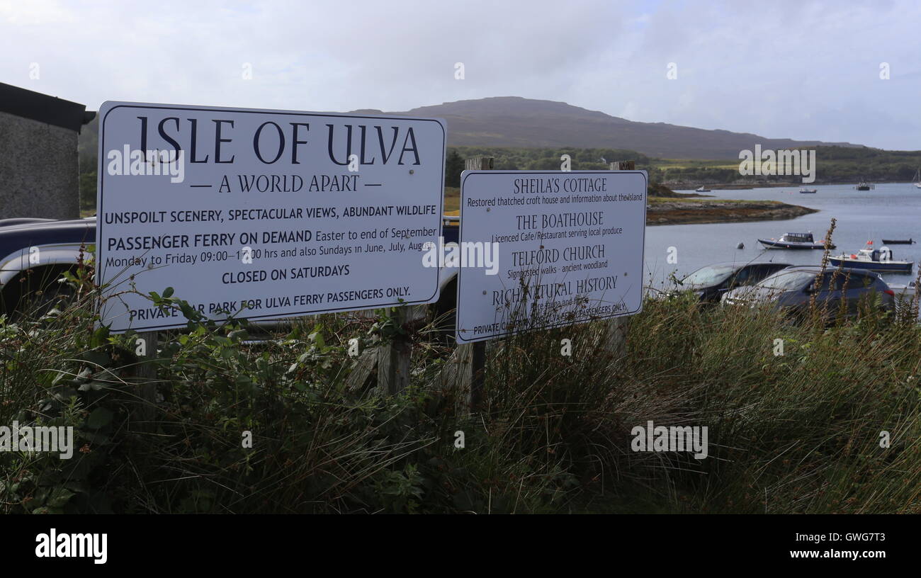information sign at Isle of Ulva ferry Isle of Mull Scotland September ...
