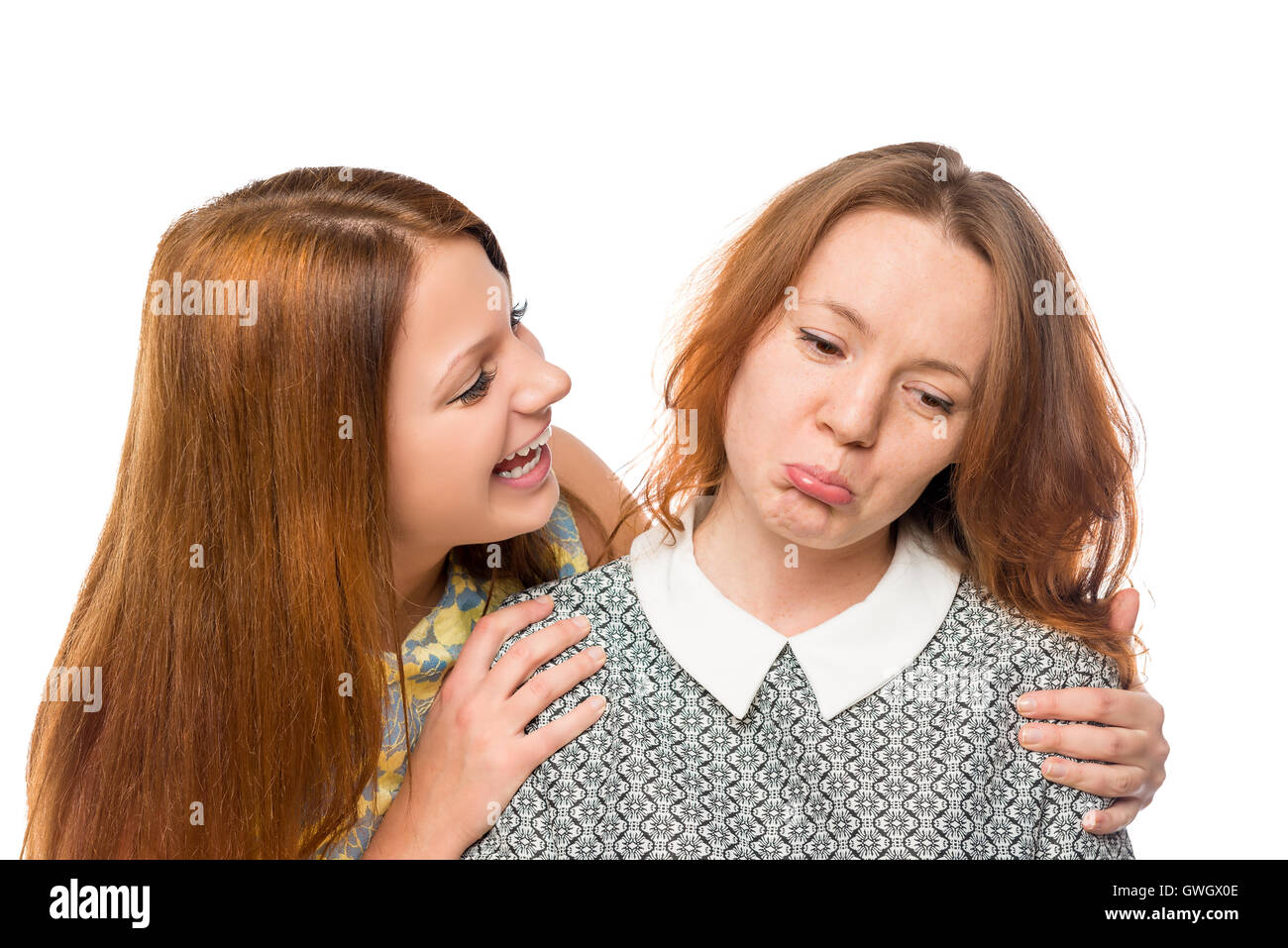 sad girl and her best friend on the white background isolated Stock ...