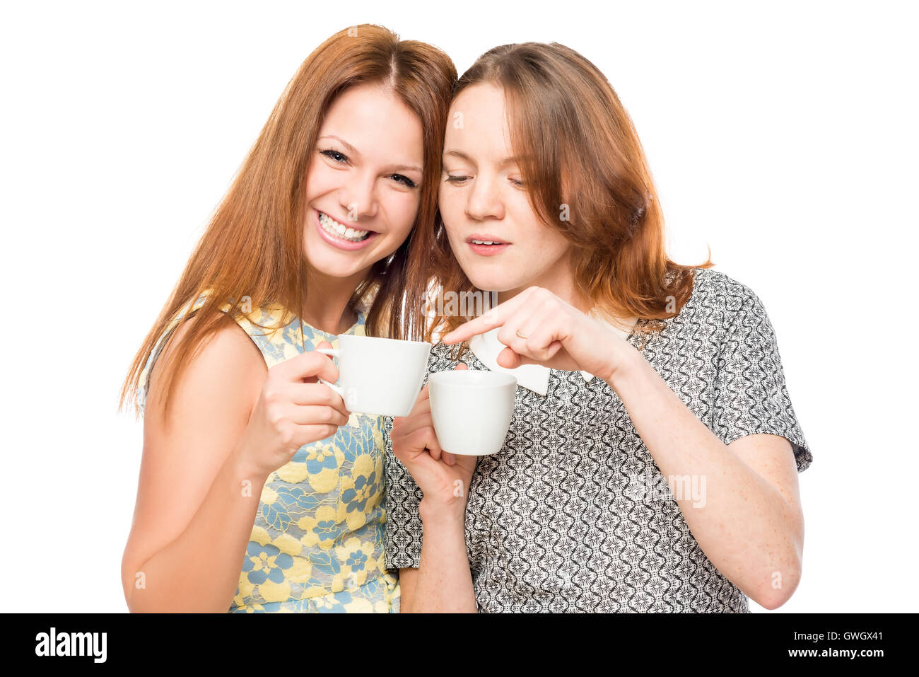 funny girlfriends gossiping and drinking tea on a white background ...