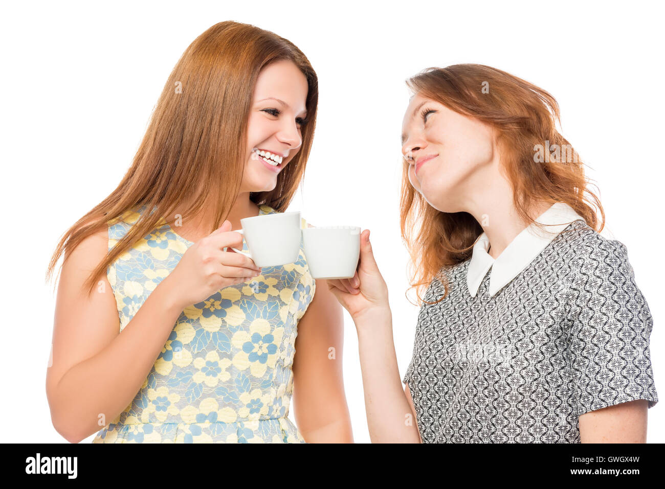 best friends meet for a cup of tea, a portrait on a white background ...