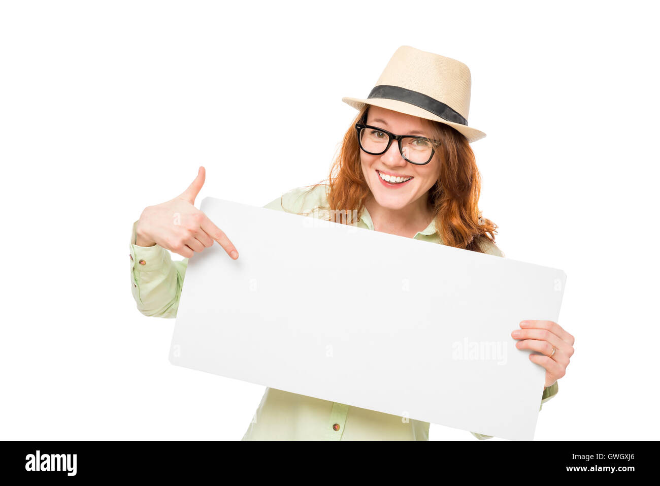 happy girl showing on a blank poster isolated Stock Photo - Alamy