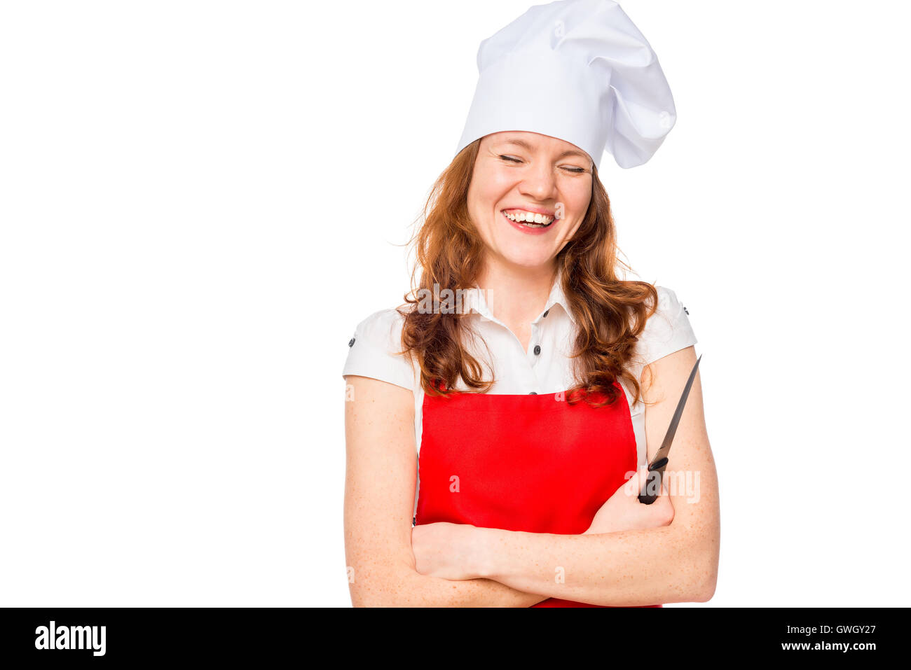laughing chef in red apron with a sharp knife isolated Stock Photo - Alamy