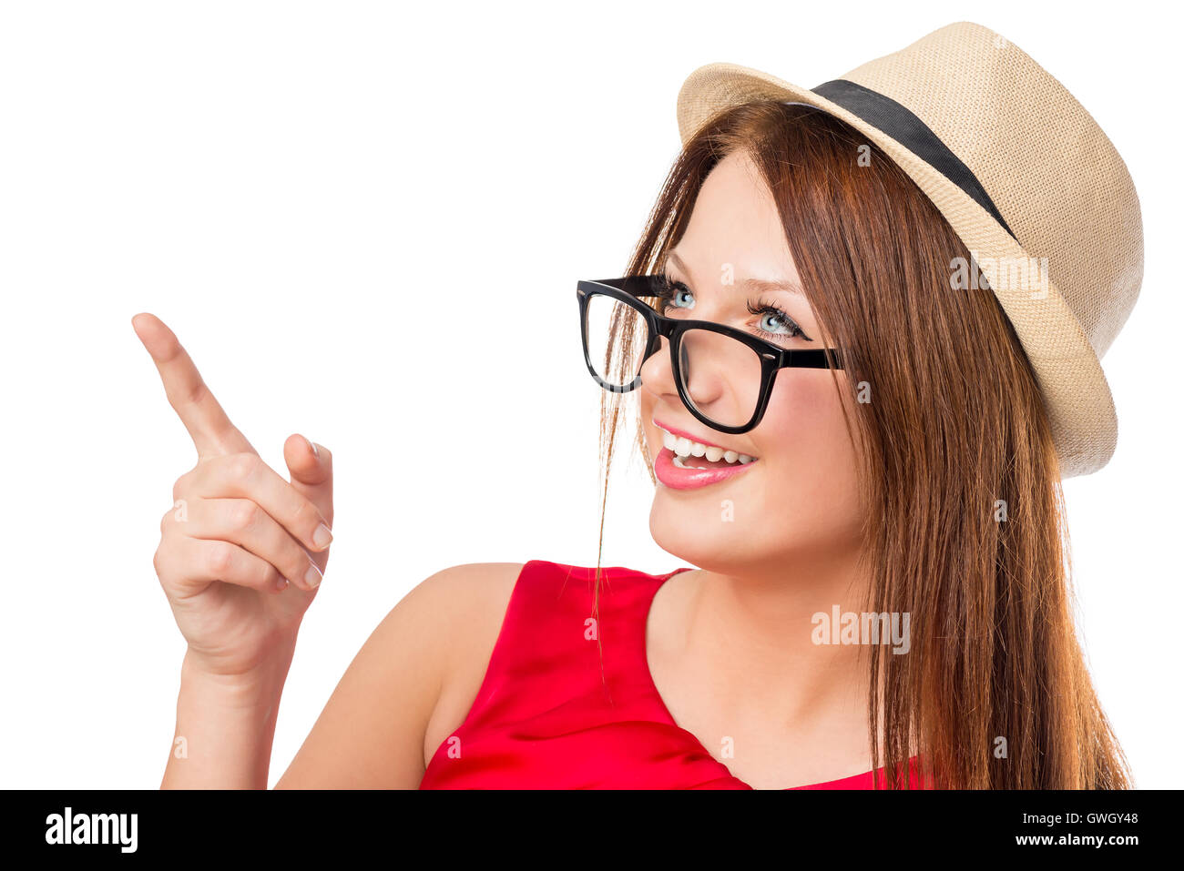 beautiful girl in a hat shows his finger up on a white background Stock ...