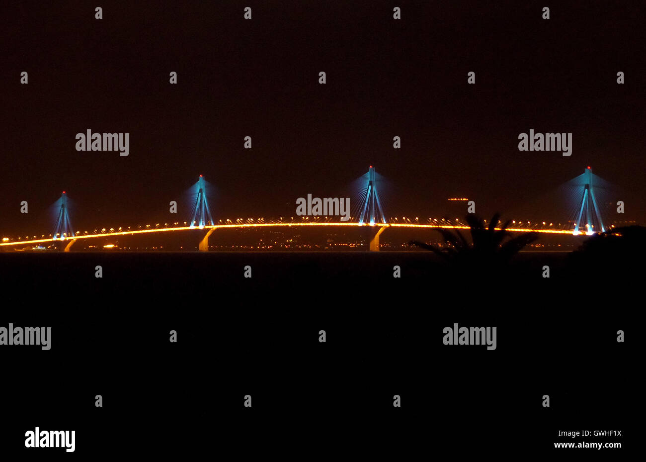 The Night Shot of Rio-Antirio Bridge in Patras city of Greece Stock ...