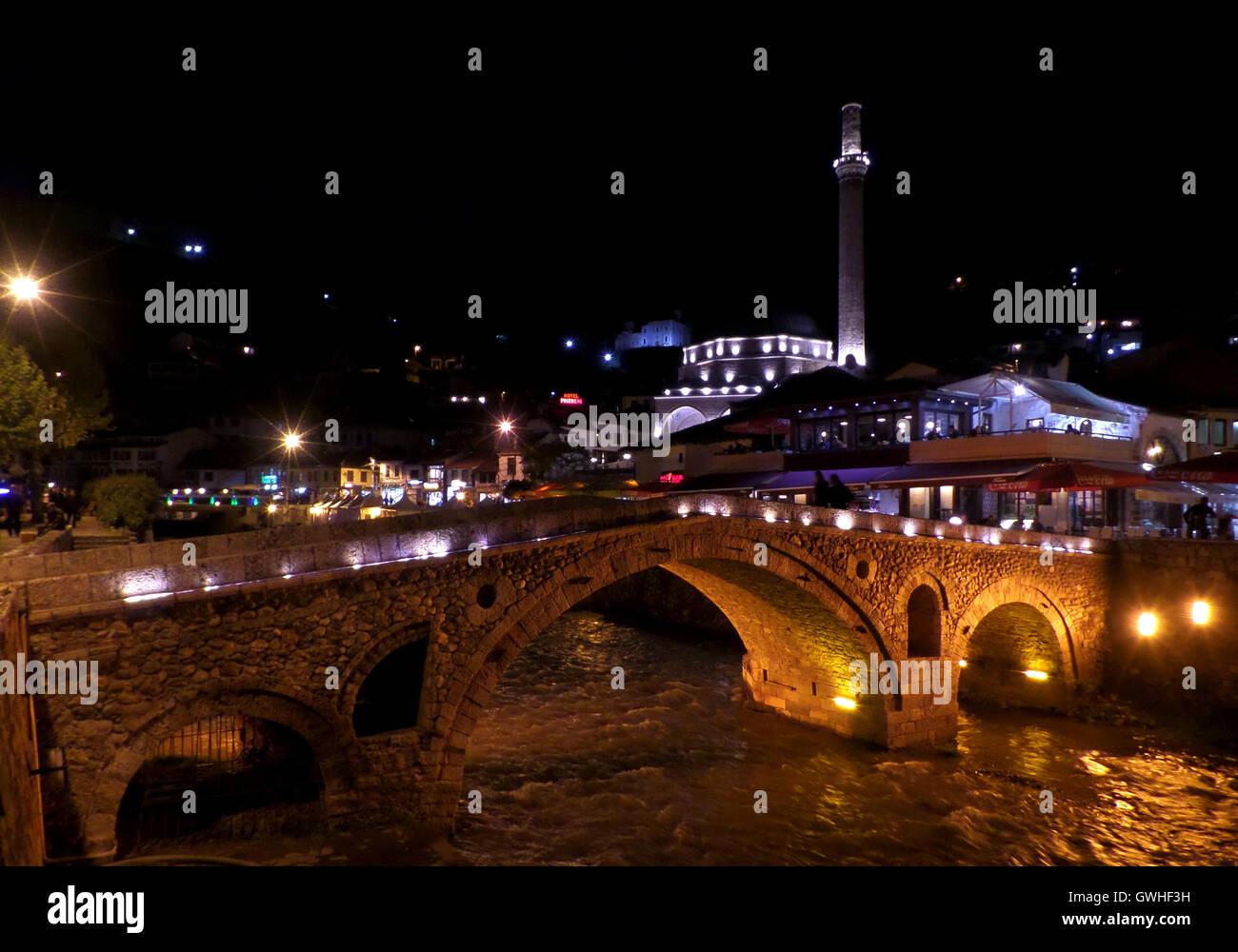 Illuminated Stone Bridge in the Old Town of Prizren, Kosovo Stock Photo ...