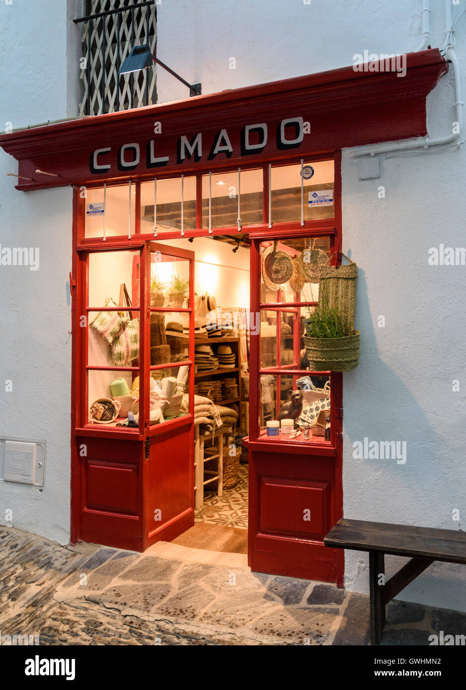 Small inviting shop in the old cobbled streets of Cadaques, Spain Stock ...