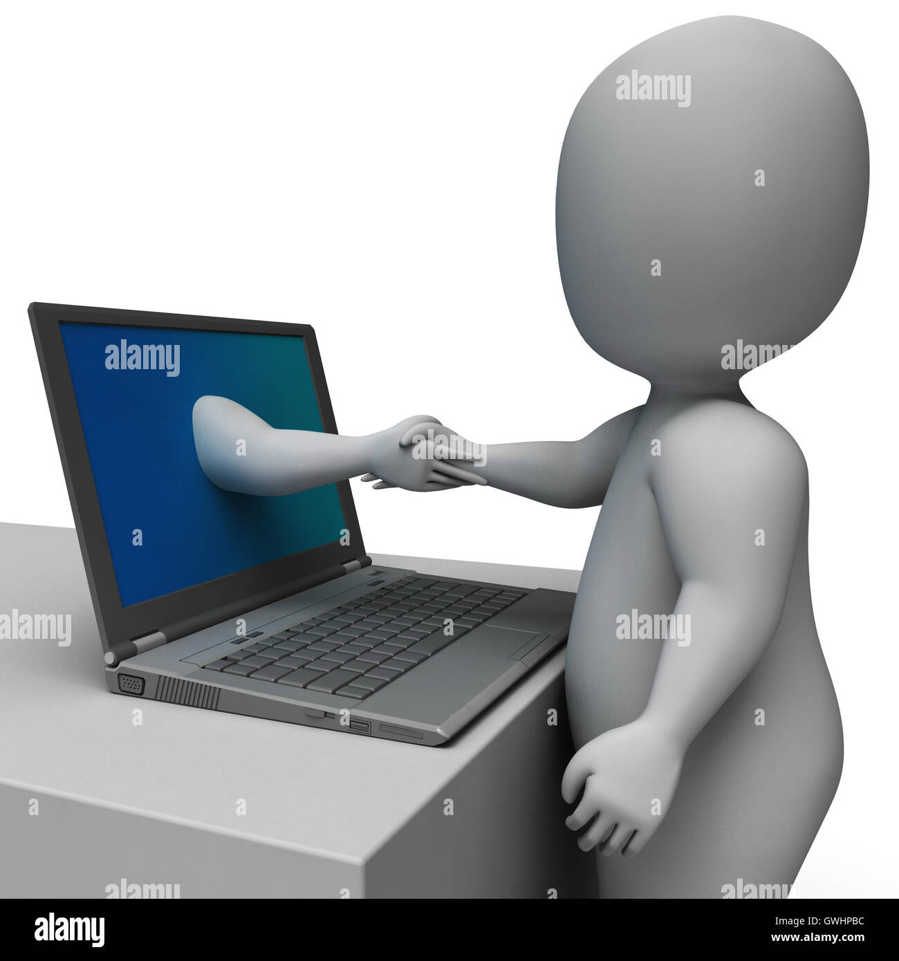Shaking Hands Through Computer Showing Online Deal Stock Photo - Alamy