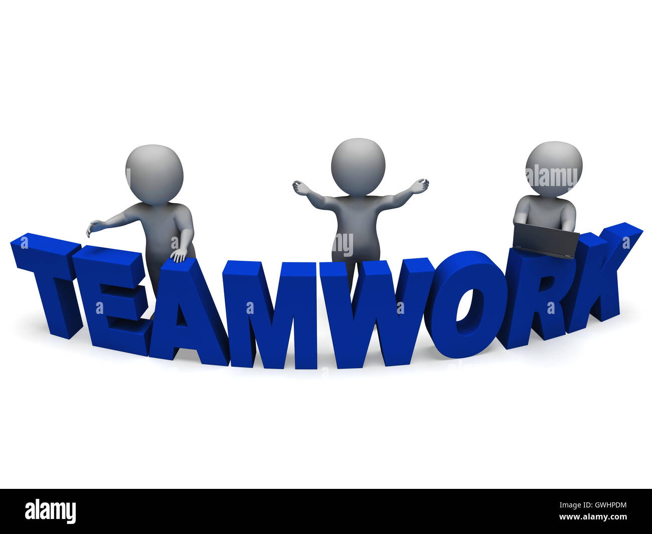Teamwork Shows 3d Characters Working Together Stock Photo - Alamy