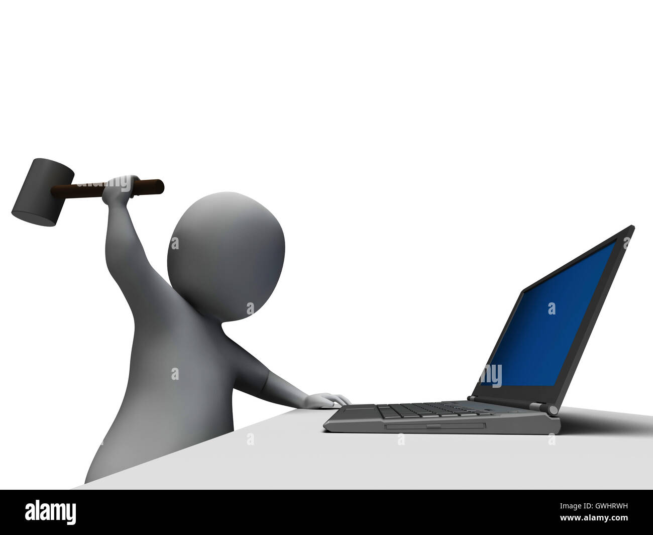 Hammer Hitting Computer Showing Angry With Laptop Stock Photo - Alamy