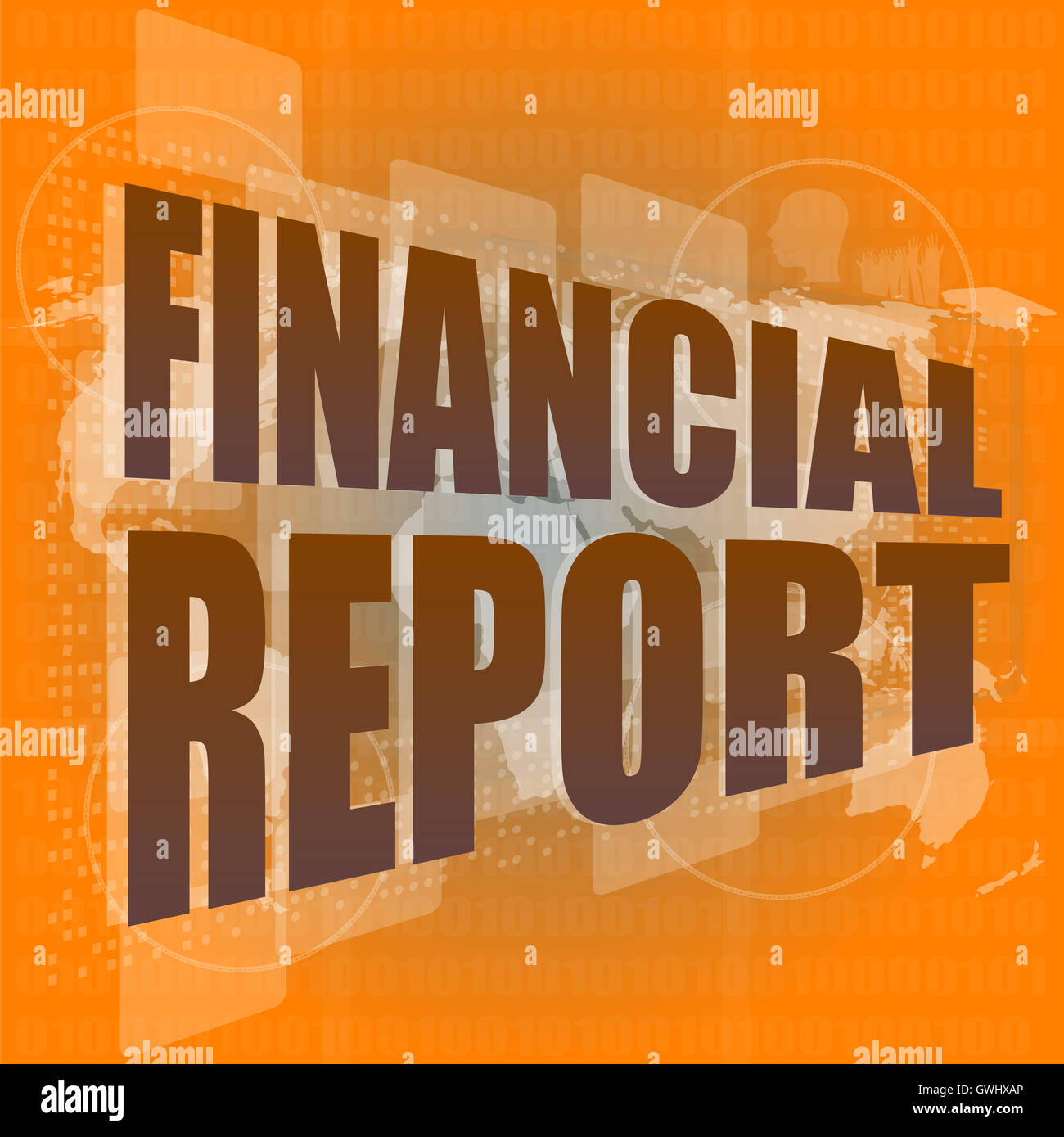 financial report word on digital screen, mission control interface hi ...