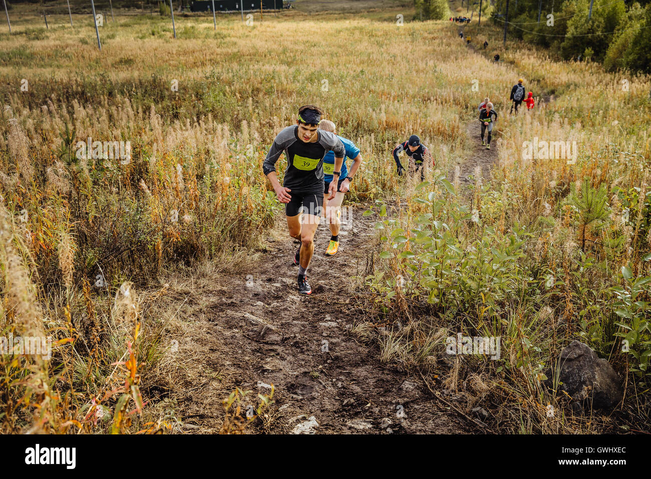 group of men runners skyrunners running uphill trail in grass during ...