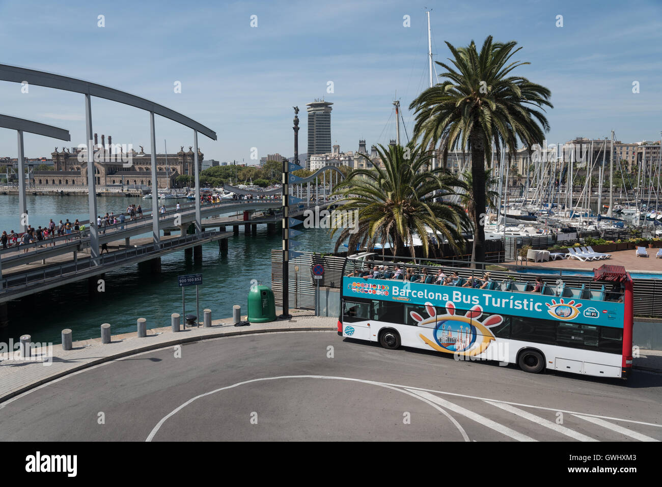Barcelona tourist bus at turning point by the Maremagnum Shopping ...