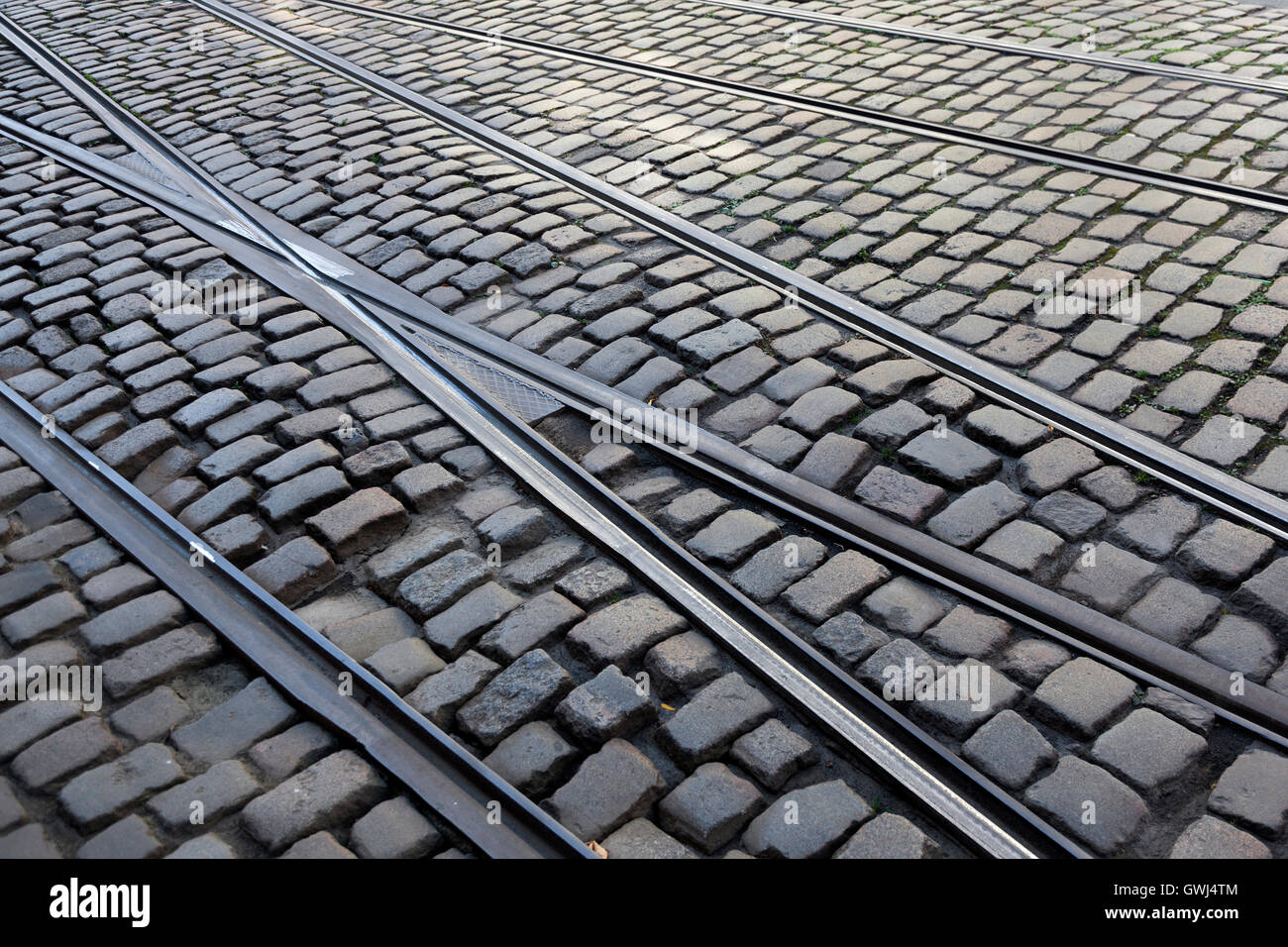 crossing tram lines on cobblestone street in the flemish Belgian town ...