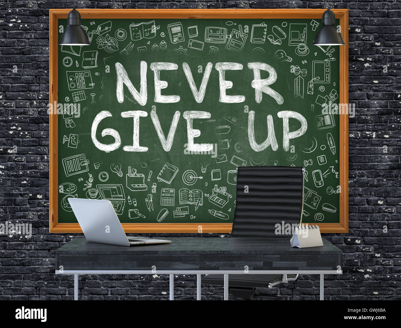 Never Give Up Concept. Doodle Icons on Chalkboard. 3D Render Stock ...