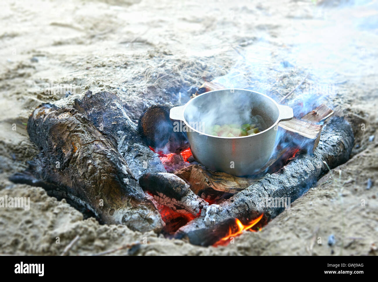 cooking on fire at picnic, food prepared in kettle on wood, potatoes ...