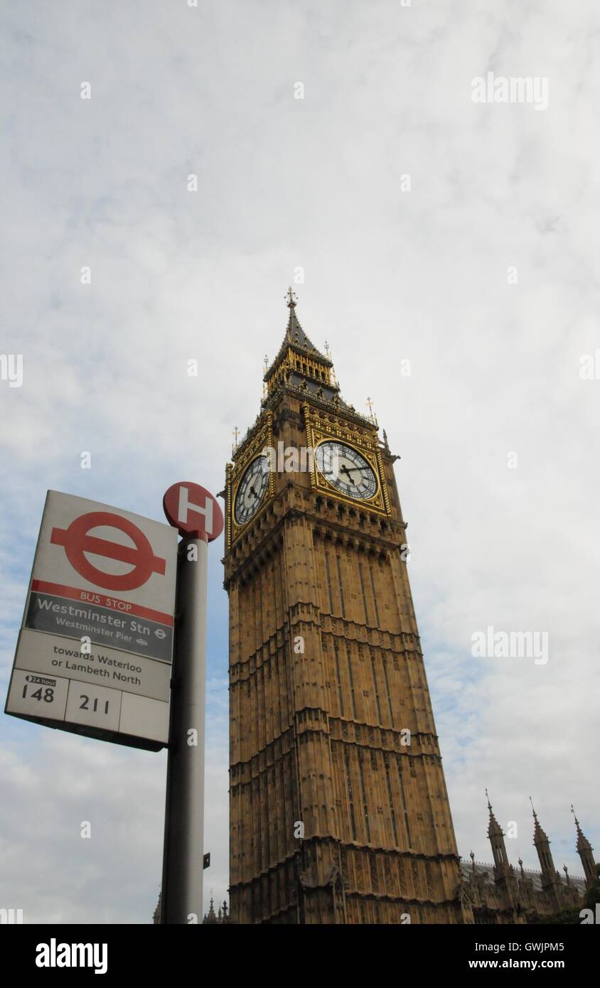 Big Ben and London bus stop Stock Photo - Alamy
