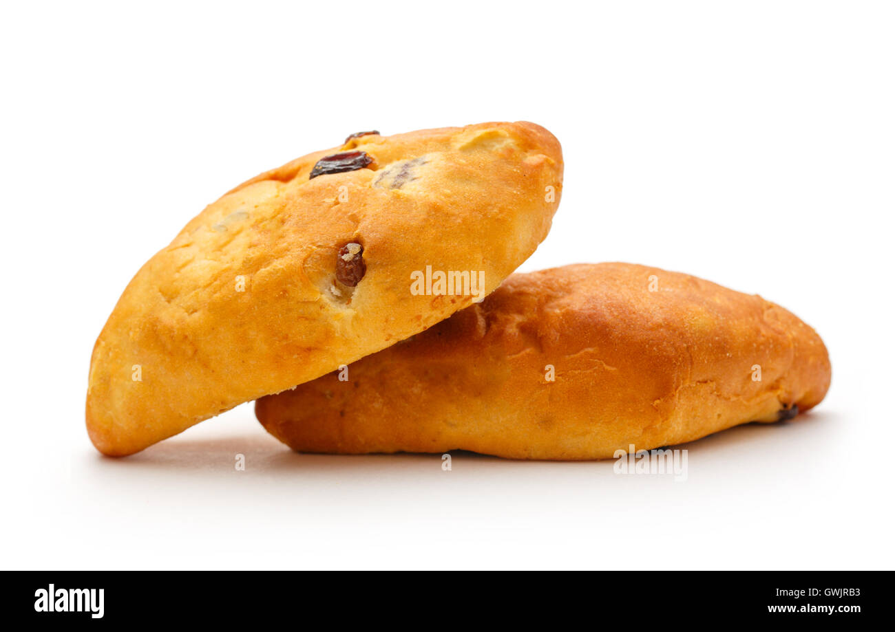 Two raisin buns on white background closeup Stock Photo - Alamy
