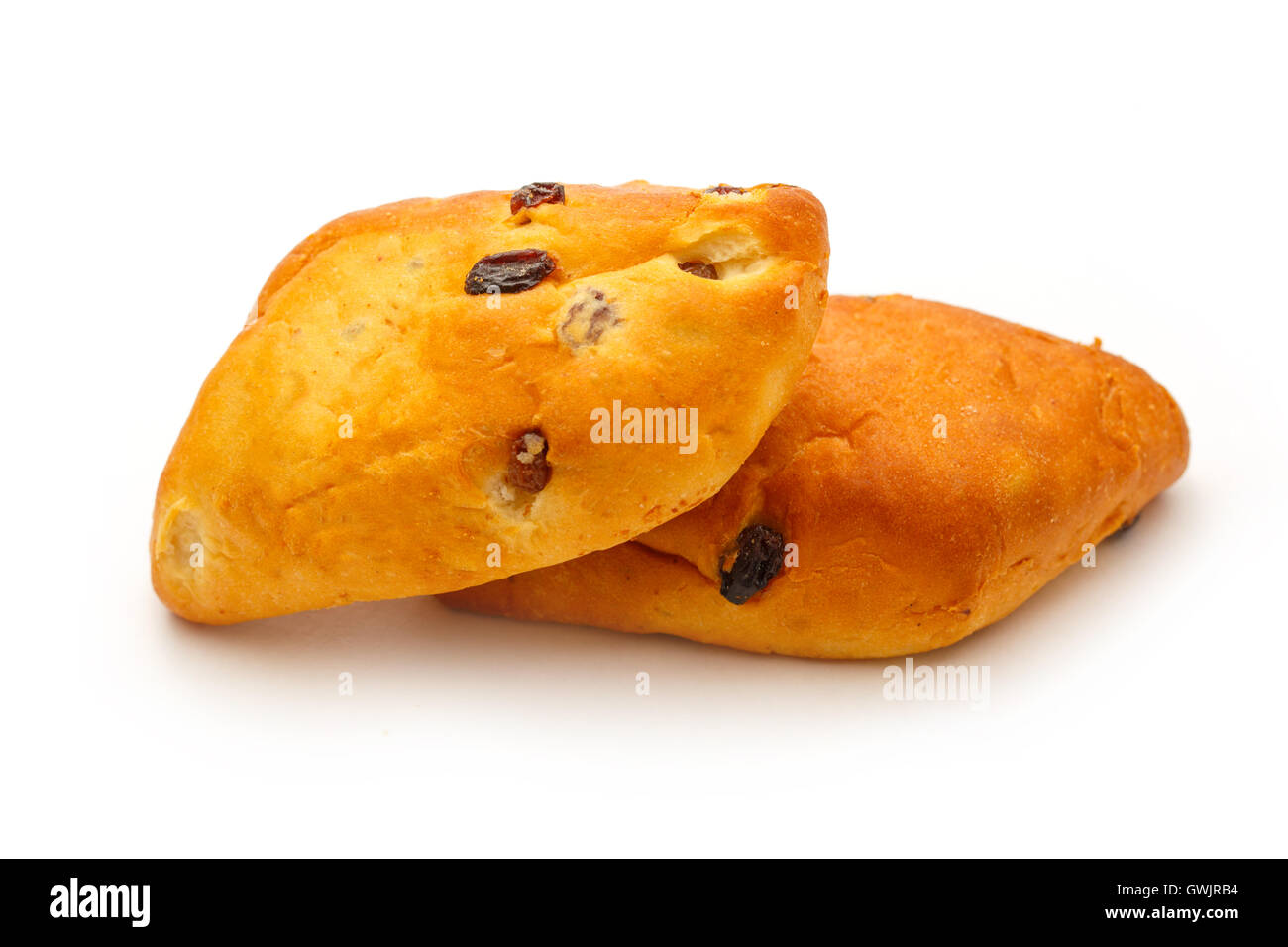 Two raisin buns on white background closeup Stock Photo - Alamy