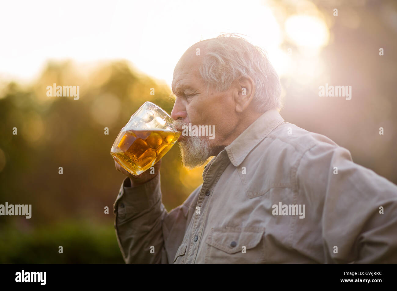 The senior drinks beer from the mug Stock Photo - Alamy